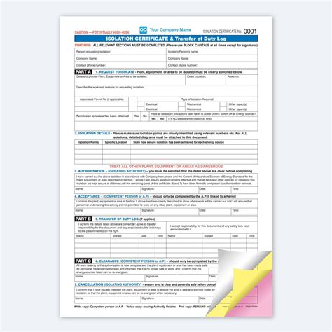 Personalised Permit To Work Electrical Isolation Certificate Oceanprint