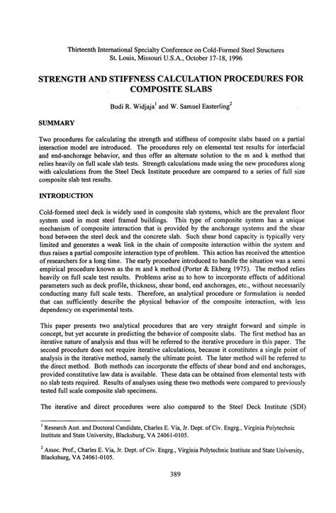 Pdf Strength And Stiffness Calculation Procedures For Composite Slabs