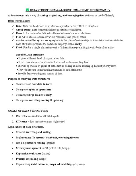 Data Structures And Algorithms Complete Summary Studocu
