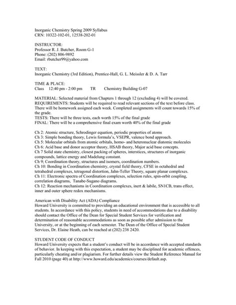 Inorganic Chemistry Spring 2009 Syllabus