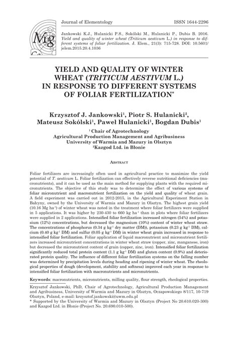Pdf Yield And Quality Of Winter Wheat Triticum Aestivum L In