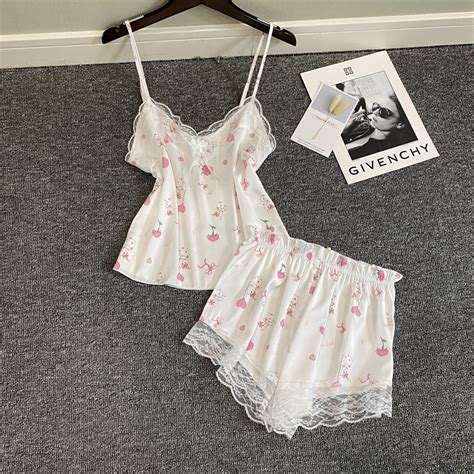 Ladies Sexy Silk Satin Pajama Set Print Sleepwear Lace Nightwear Set
