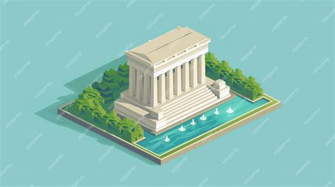Isometric Illustration Of A Classical Temple With A Fountain Premium