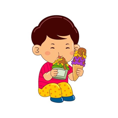 아이스크림 벡터 일러스트를 먹는 소년 아이 프리미엄 벡터