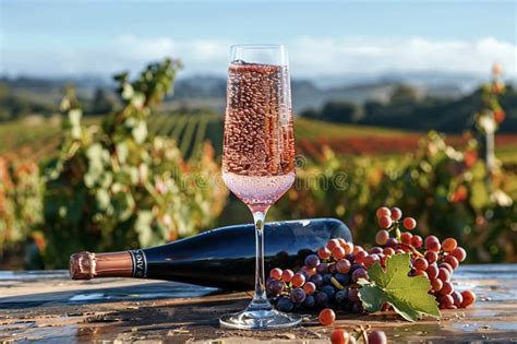 Glass Of Rose Wine Sparkling In The Sunlight In Vineyard Setting Stock