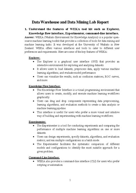 Dwdm Lab Data Warehouse And Data Mining Lab Report 1 Understand The Features Of Weka Tool Kit