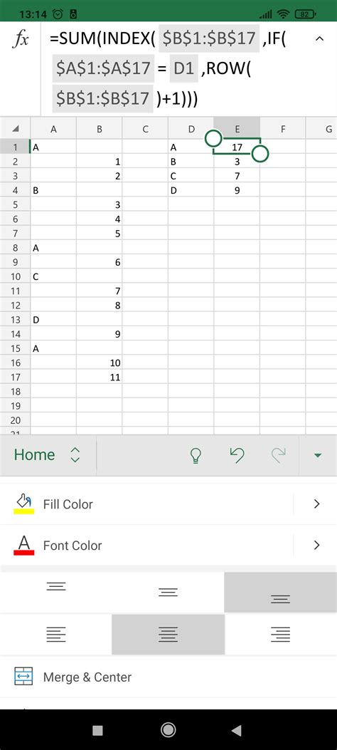 Excel Formula For Summing All Values Situated Right Under Each Match Of A String In A Column