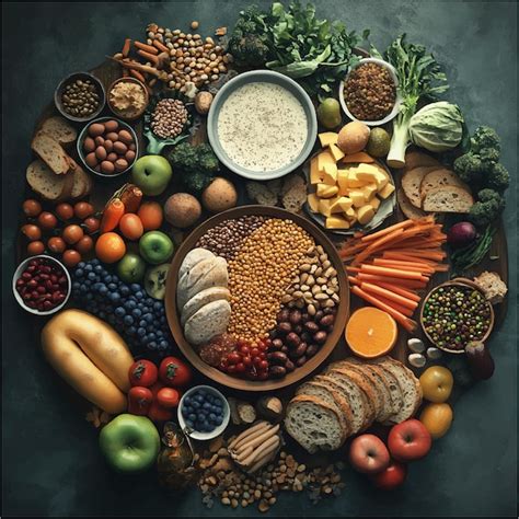 A Diverse Array Of Nutritious Foods Including Vegetables Fruits Grains