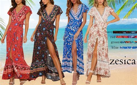 ZESICA Women S Bohemian Floral Printed Wrap V Neck Short Sleeve Split