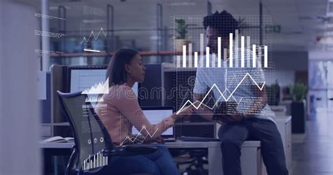 Data Analytics And Graphs Image Over Business People Discussing In Office Stock Illustration