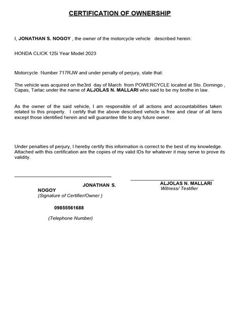 Certification Of Ownership Pdf