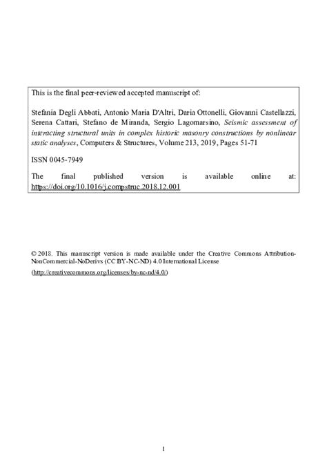 Pdf Seismic Assessment Of Interacting Structural Units In Complex Historic Masonry