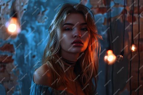 A Woman With Long Blonde Hair And A Blue Dress Premium Ai Generated Image