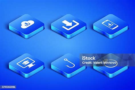 다이아몬드 약혼 반지 설정 클라우드 다운로드 낚시 바늘 졸업 모자가 있는 모니터 다운로드 및 스마트폰 아이콘 벡터 3차원 형태에 대한 스톡 벡터 아트 및 기타 이미지