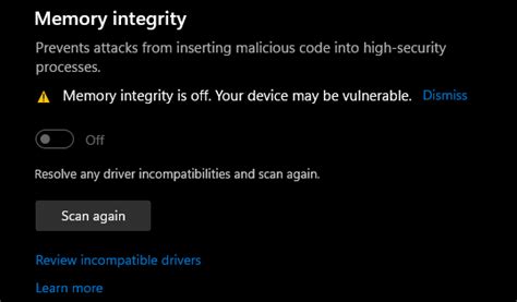 Memory Integrity Cannot Be Turned On Due To Incompatible Driver