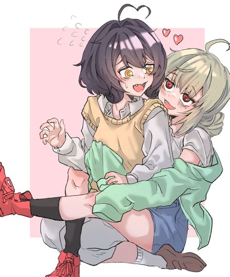 Safebooru 1girl 2girls Ahoge Araga Kiwi Black Hair Blush Hair Bun