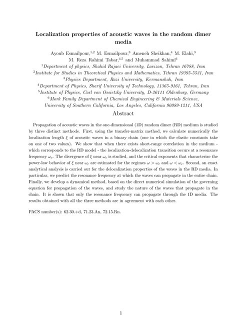 Pdf Localization Properties Of Acoustic Waves In The Random Dimer Media