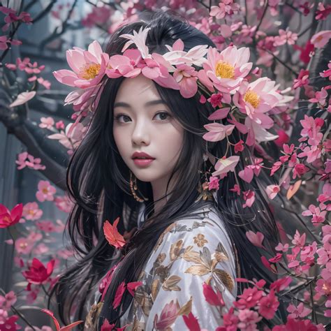 나무에 꽃관을 쓴 여자의 클로즈업 Seaart Ai