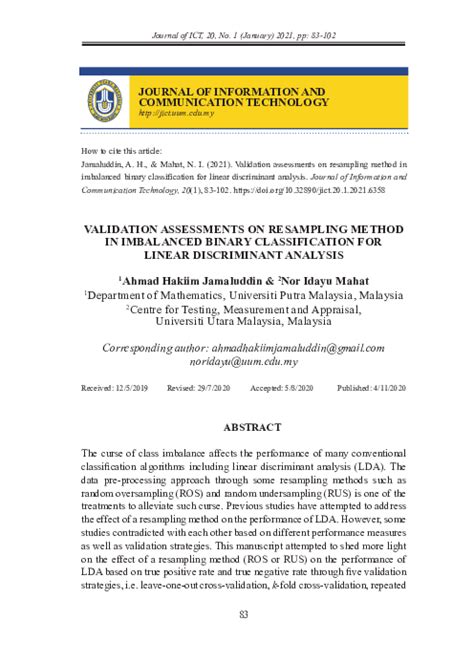Pdf Validation Assessments On Resampling Method In Imbalanced Binary Classification For Linear