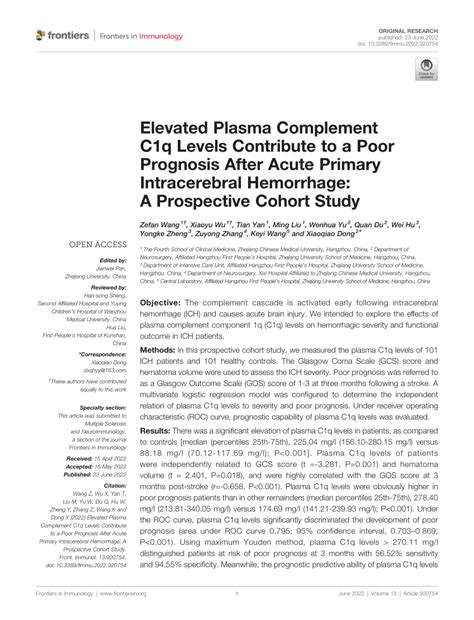 Pdf Elevated Plasma Complement C1q Levels Contribute To A Poor