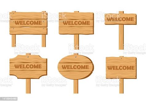 Ensemble Dillustration Vectorielle De Poteau De Bienvenue En Bois Dans