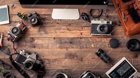 Modern Camera And Editing Software On Wooden Desk Image Premium Ai