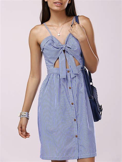 21 Off Fashionable Stripe Spaghetti Strap Cut Out Bow Tie Dress For