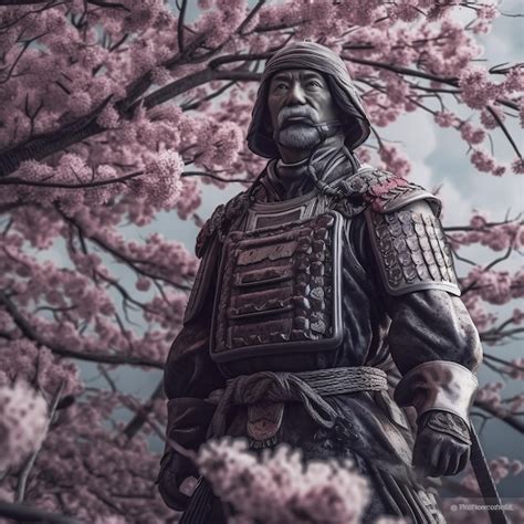Premium Ai Image A Statue Of A Samurai Stands In Front Of A Cherry