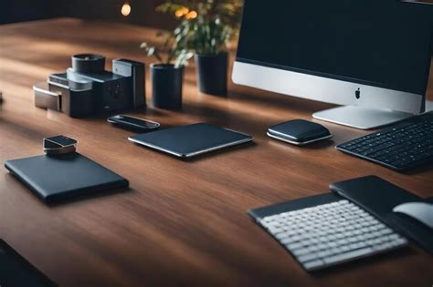 Premium AI Image A Computer Monitor And Keyboard On A Wooden Desk With A Black Keyboard And A