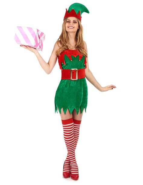 Samtoptik Weihnachtswichtel Kostüm Für Damen In Grün Rot Kostüme Für