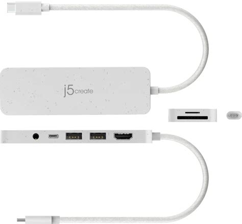 J5create Eco Friendly 7 In1 USB C Multi Port Hub With Power Delivery White USB C 3 0 Plug