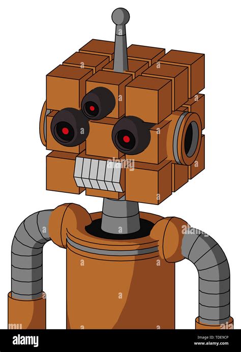 Portrait Style Orange Robot With Cube Head And Teeth Mouth And Three
