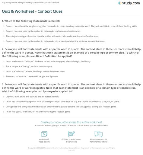 Quiz And Worksheet Context Clues