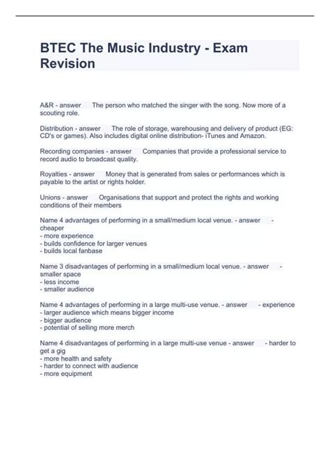 Btec The Music Industry Exam Revision Questions With Correct Answers 2024 Btec Stuvia Us