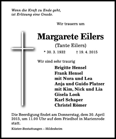 Traueranzeigen Von Margarete Eilers Trauerportal Hildesheimer Allgemeine Zeitung