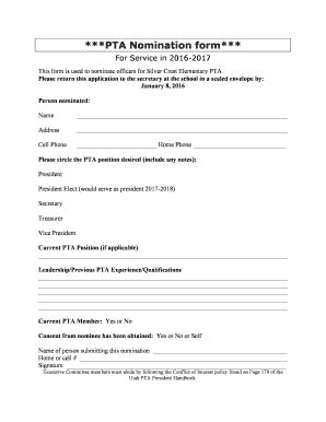 Fillable Online Silvercrest Jordandistrict PTA Nomination Form Jordan