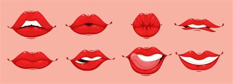 Premium Vector Cartoon Mouth Woman Set Of Lips With Red Lipstick