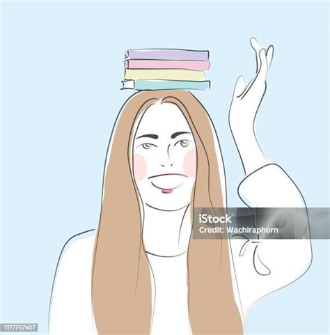 학교로 돌아가는 한 여성의 머리에 관한 책 학교에서 재미있는 소녀는 그녀의 머리에 책을 유지합니다 교육 책을 가진 소녀 텍스트