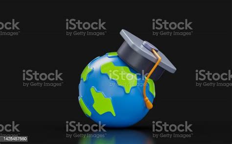 어두운 배경에 졸업 모자가있는 글로브 기호 3d 렌더링 개념 3차원 형태에 대한 스톡 사진 및 기타 이미지 3차원 형태 검은색 공부 Istock