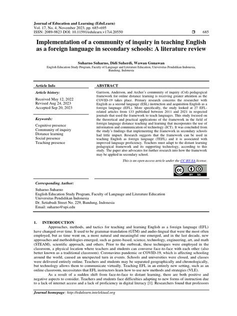 Implementation Of A Community Of Inquiry In Teaching English As A Foreign Language In Secondary