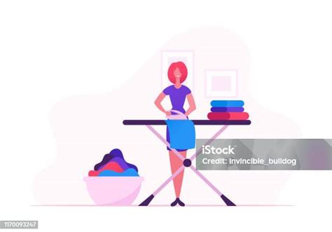 주부 다림질 클리어 린넨 에 홈 젊은 여성 매일 국내 루틴 기계에 옷을 세탁 하 고 보드에 철 하우스 키핑 여성 문자 집 집 만화 평면 벡터 일러스트 가사 집안일에 대한