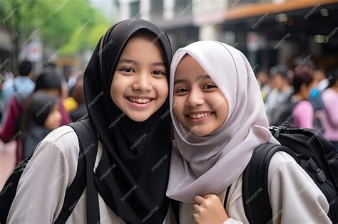 Premium Ai Image Two Hijab Schoolgirl Smiling