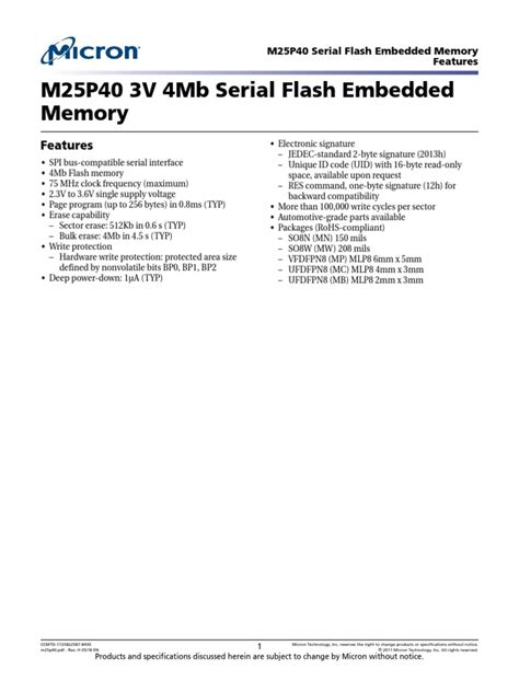 M25p40 3v 4mb Serial Flash Embedded Memory Features Pdf Flash Memory Input Output