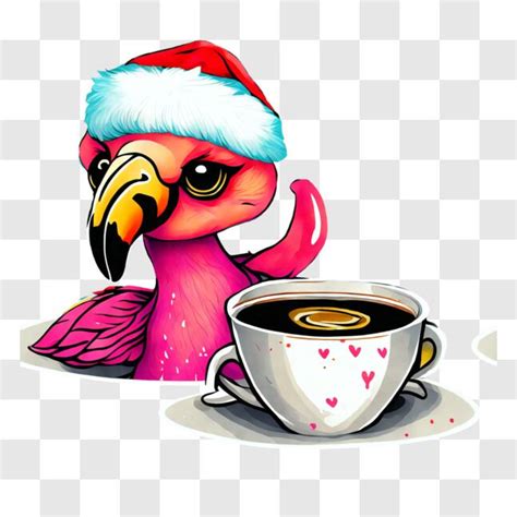 Download Adorable Pink Flamingo With Santa Hat Enjoying Coffee Png