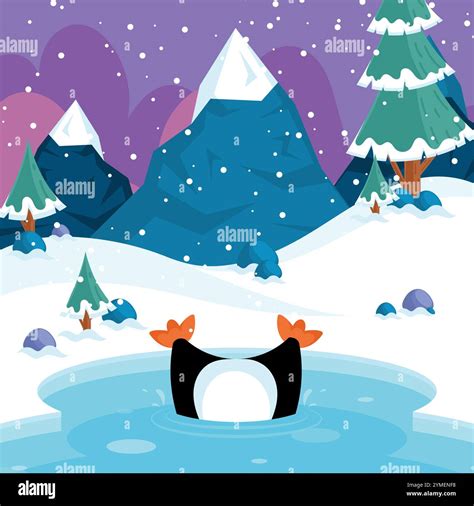 Penguin Diving In Icy Pond Under Snowfall Vector Stock Vector Image