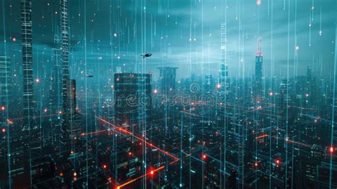 Abstract Smart City Background Network Digital Lines Like Rain Against