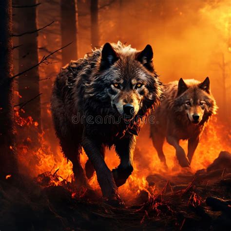 Two Wolves Fighting In The Wild Forest Fire In The Forest Stock