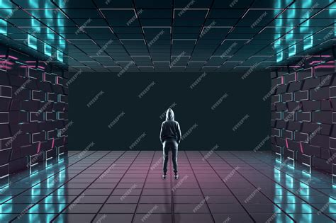 Premium Photo Back View Of Hacker In Modern Illuminated Dark Room