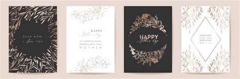 어머니의 날 황금 럭셔리 인사말 세트입니다 어머니 파티 여자 봄 카드에 대 한 벡터 꽃 단풍 디자인 현대 포스터 엄마 배너 엽서 골드 라인 윤곽 템플릿 자연 곡선