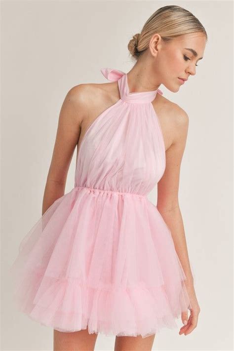 Kailyn Tulle Mesh Halter Mini Dress Pink
